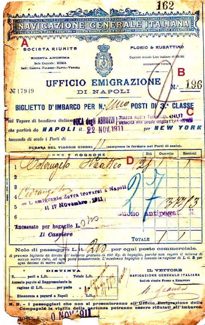 Steamship Ticket to the United States: November 22, 1911 - La Gazzetta ...
